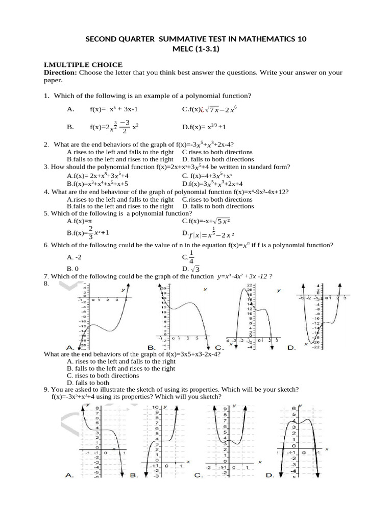 Mathematics 10 Second Quarter Test | PDF | Function (Mathematics ...