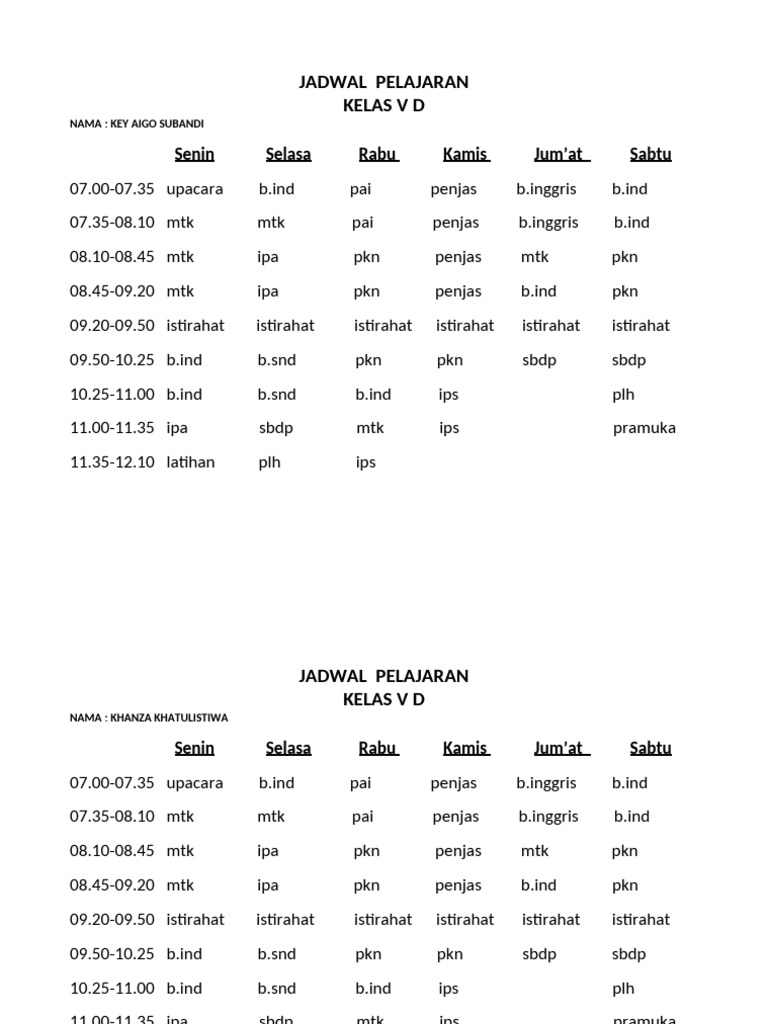 Jadwal Pelajaran Aigo 1718 | PDF