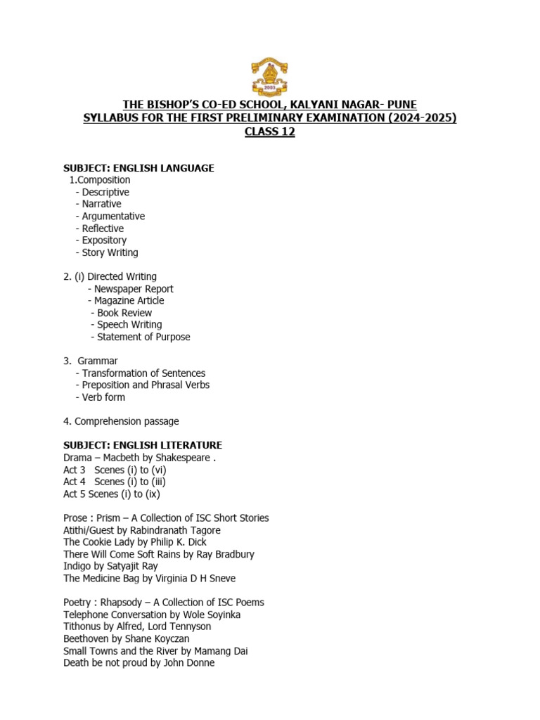 11102024052146kln Class 12 Syllabus First Preliminary Examination | PDF ...