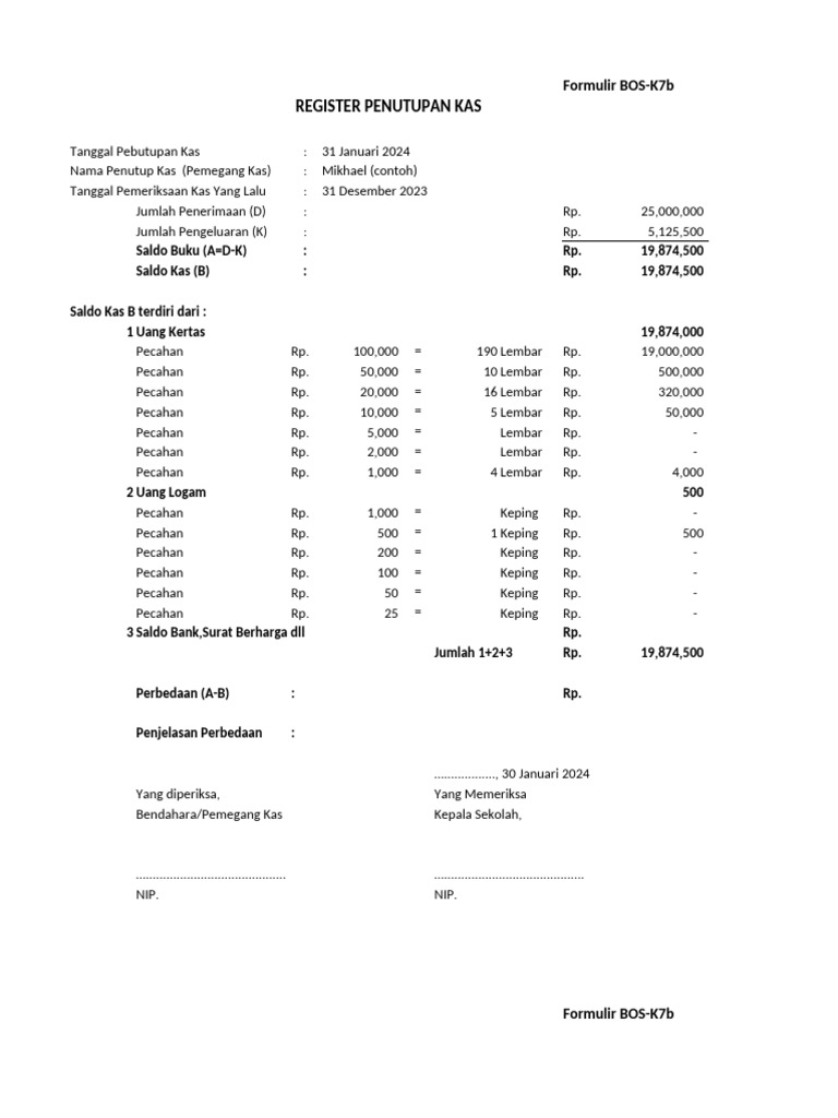 Register Penutupan Kas | PDF
