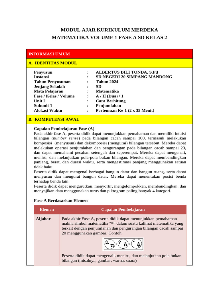 Modul Ajar Matematika Penjumlahan KS 2 | PDF