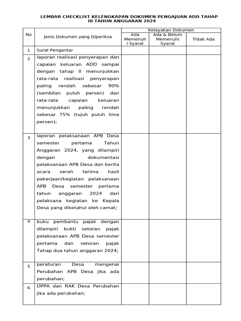 Checklist Dokumen ADD 2024 | PDF