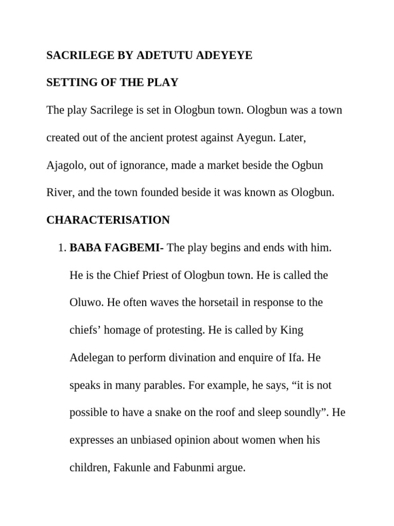 Lesson Notes On Sacrilege by Adetutu Adeyeye | PDF | Art