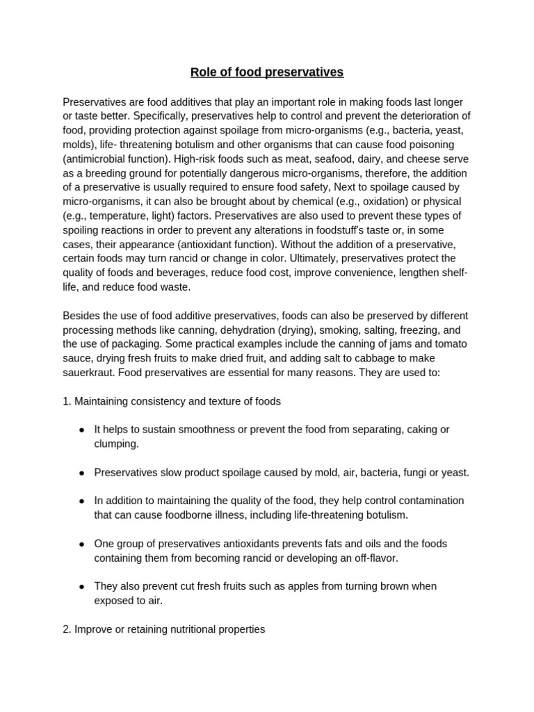 Importance and Functions of Food Preservatives | PDF | Food ...