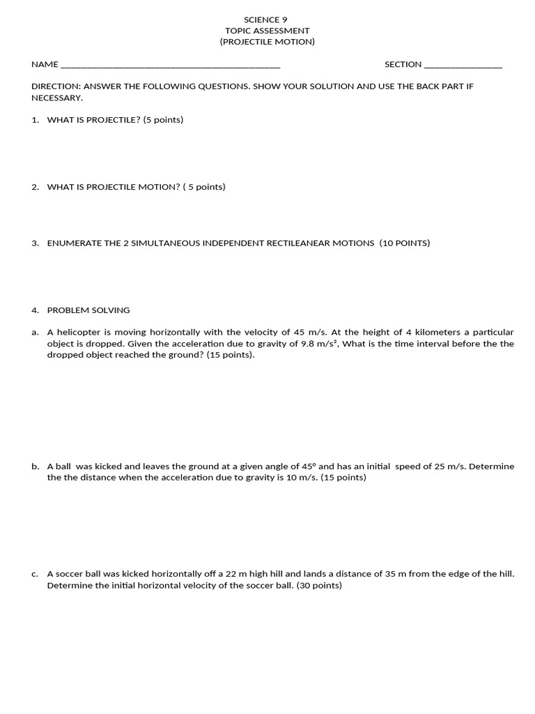 Projectile Motion Assessment | PDF