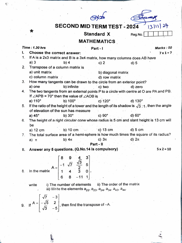 10th Maths 2nd Mid Term Exam 2024 Original Question Paper Theni ...