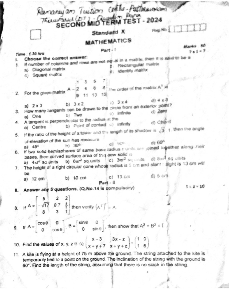 10th Maths 2nd Mid Term Exam 2024 Original Question Paper Thiruvarur District English Medium PDF ...