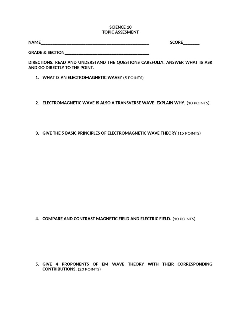 Science 10 Electromagnetic Wave Exam 10-22-2024 | PDF