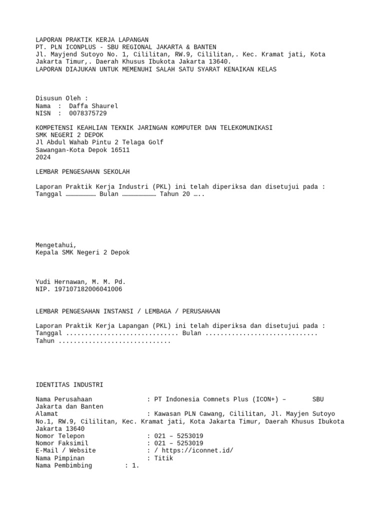 Laporan PKL PT PLN Icon Plus 2024 | PDF