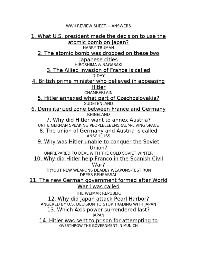 WWIIReviewSheet Answers | PDF | Adolf Hitler | World War II