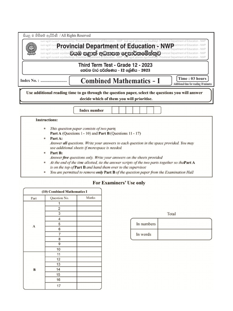 2023 Grade 12 Combined Maths 3rd Term Test Paper North Western Province ...