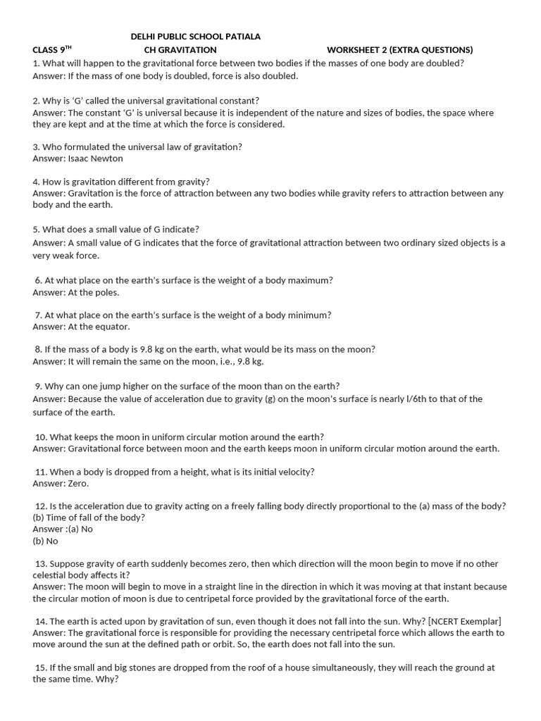 Class 9th CH Gravitation Worksheet 2 | PDF | Gravity | Force