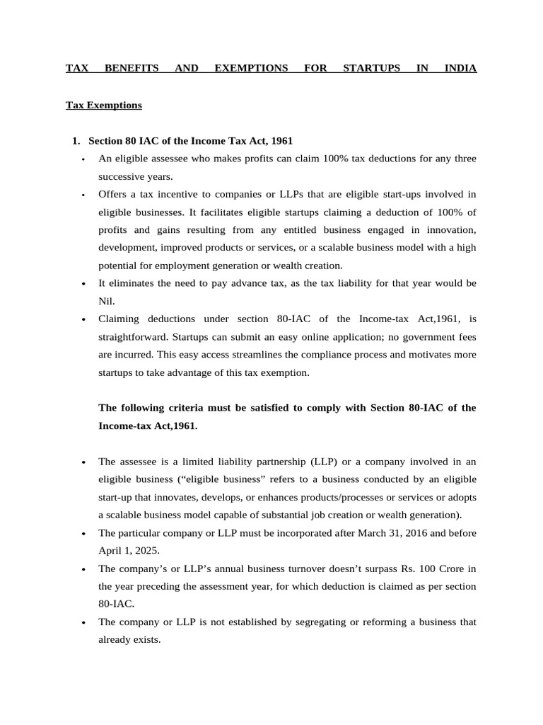 Tax Benefits for Startups in India | PDF | Limited Liability ...