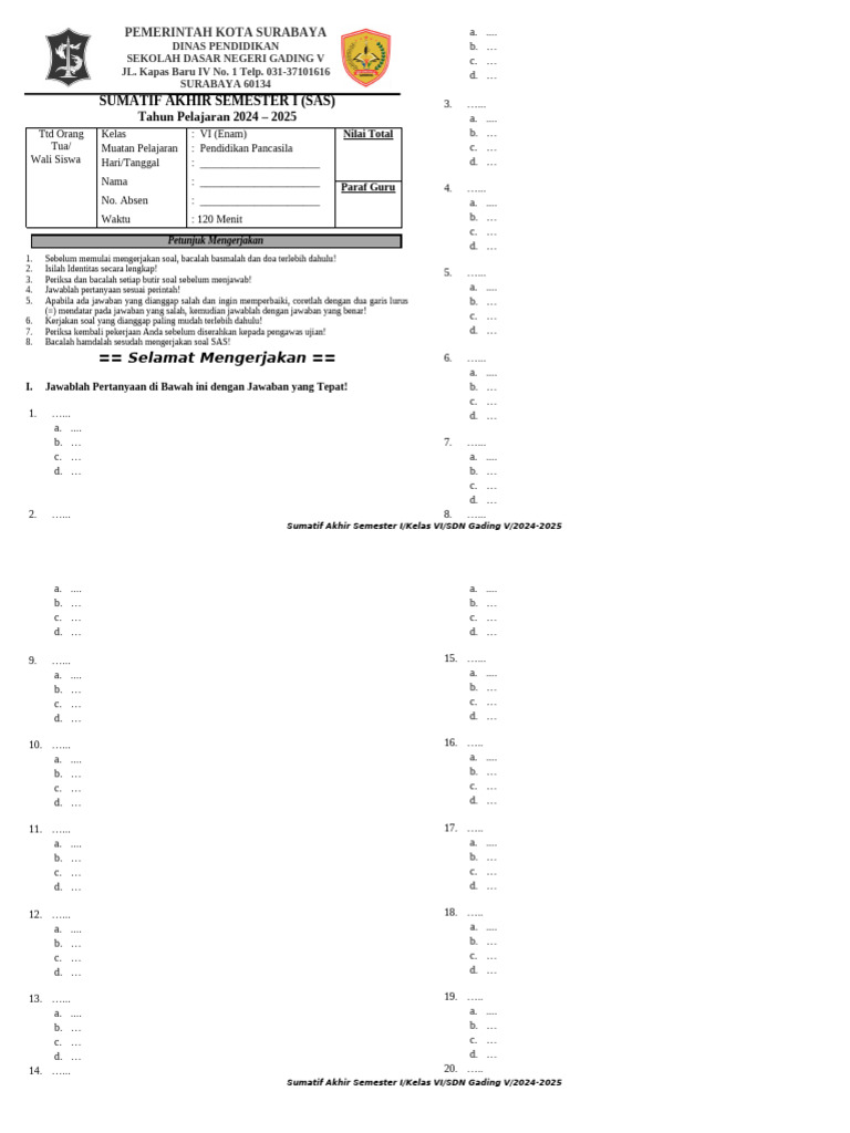 Format - Sas - Kls 6 Semester I (2024-2025) | PDF
