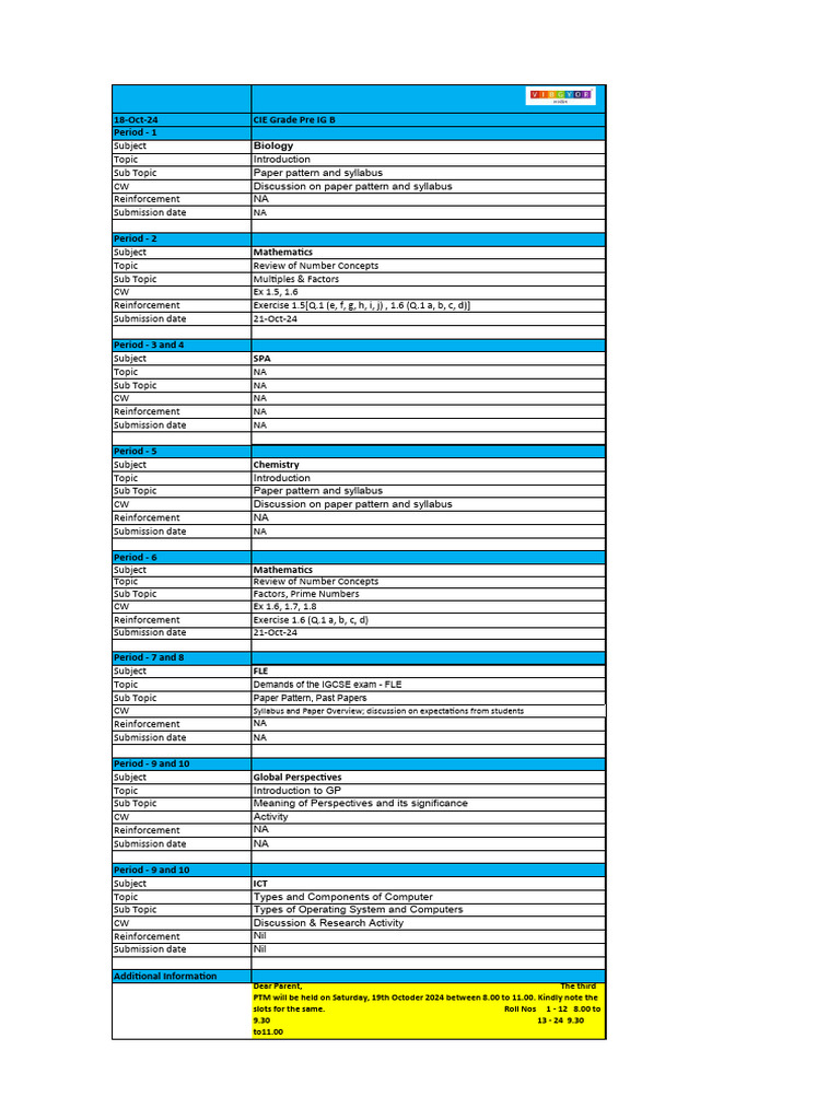18th October - Daily Diary Pre IG B | PDF | Student Assessment And Evaluation | Educational ...