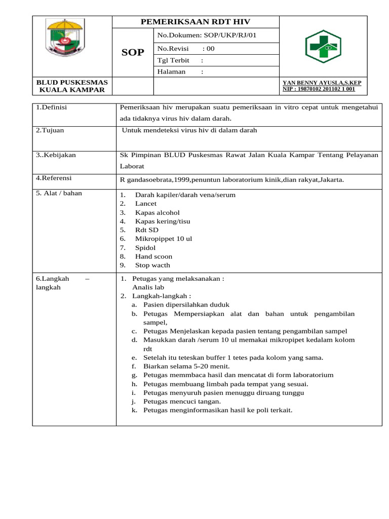 SOP Pemeriksaan RDT HIV | PDF | Kesehatan Holistik
