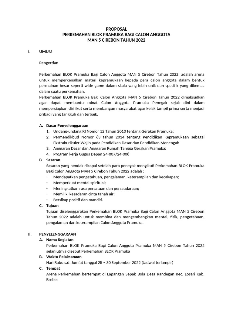 Proposal Perkemahan Blok Pramuka Man 5 Cirebon 2022 | PDF