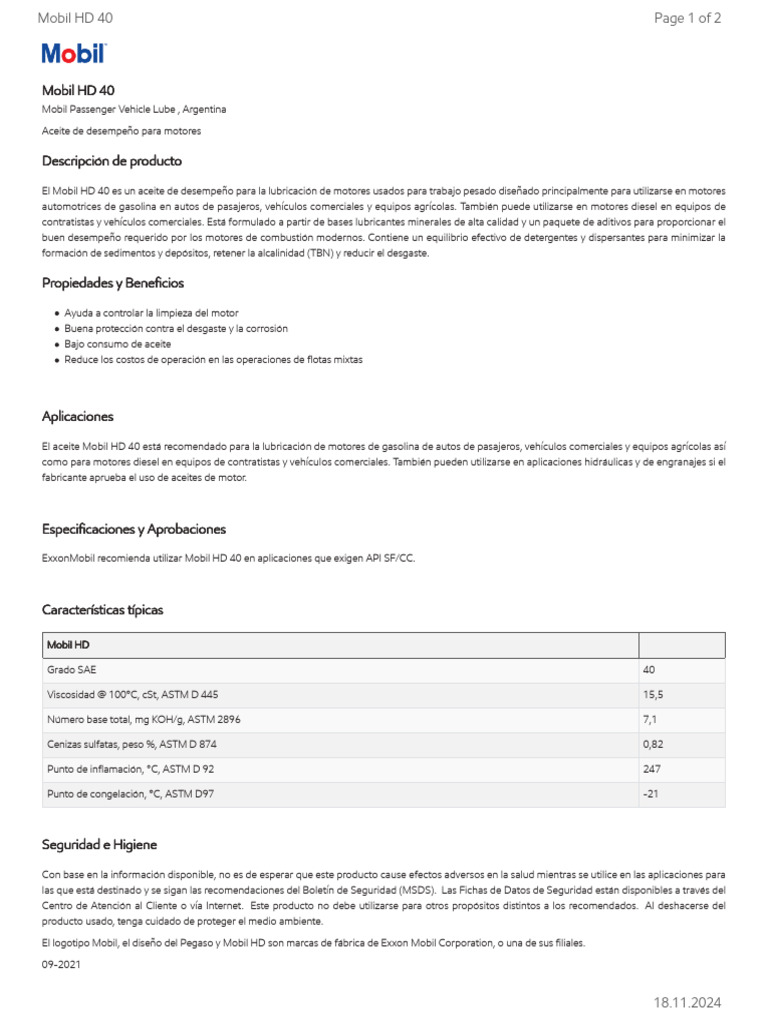 GL XX Mobil HD 40 | PDF | Exxon Mobil | Lubricante