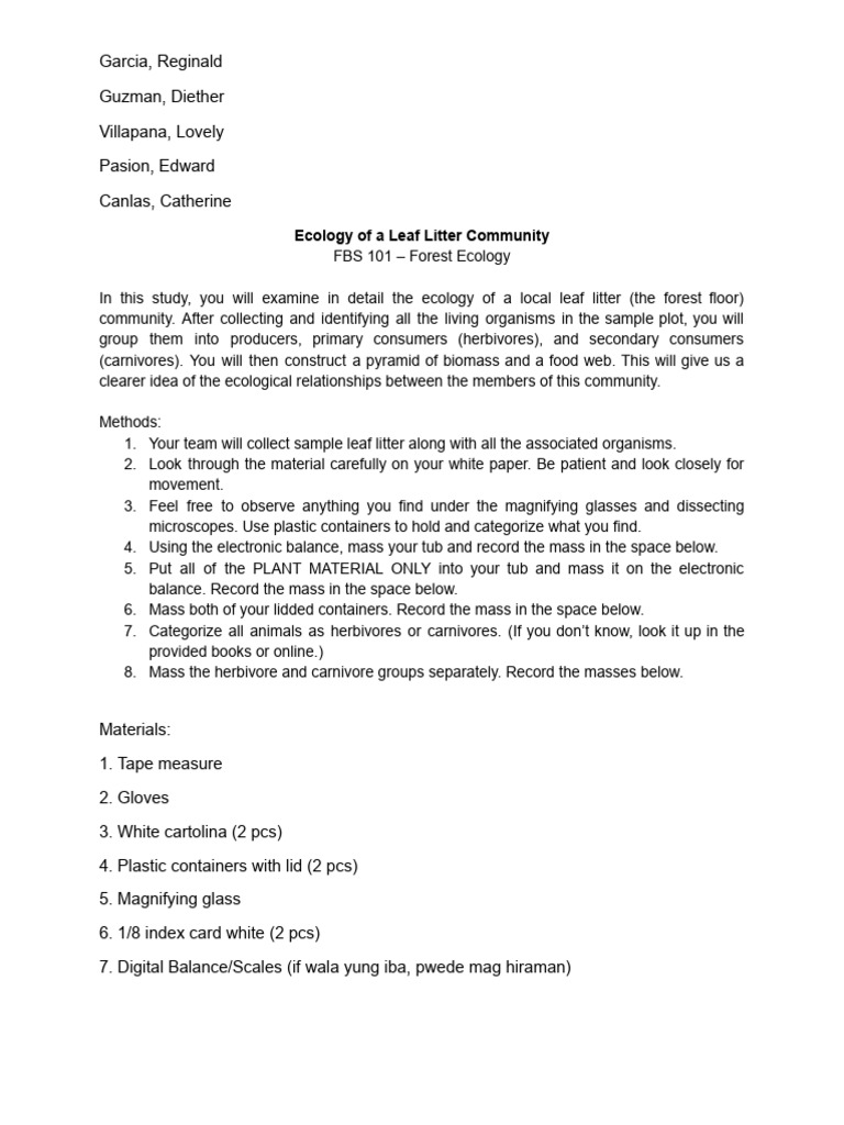 FBS 101 Laboratory Ecology of A Leaf Litter Community | PDF | Food Web ...