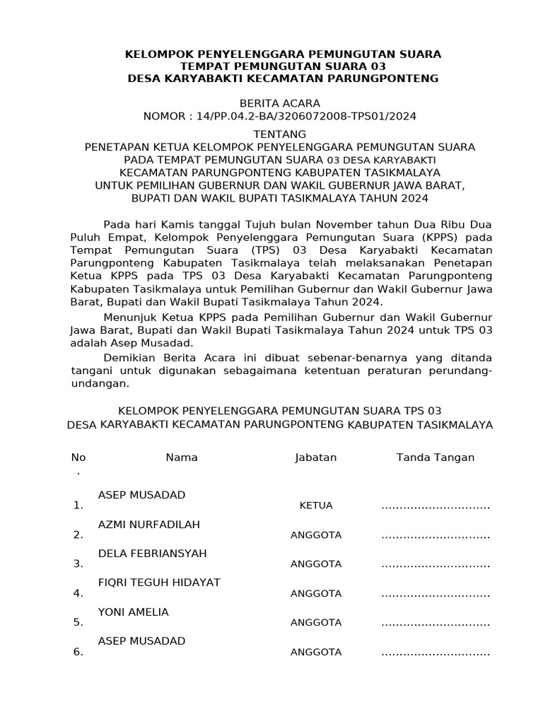 9 - BA KPPS - Penetapan Ketua KPPS TPS 003 | PDF