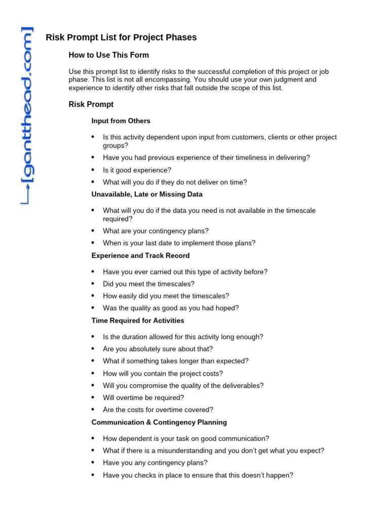 8.risk Prompt List For Project Phases | PDF | Computing