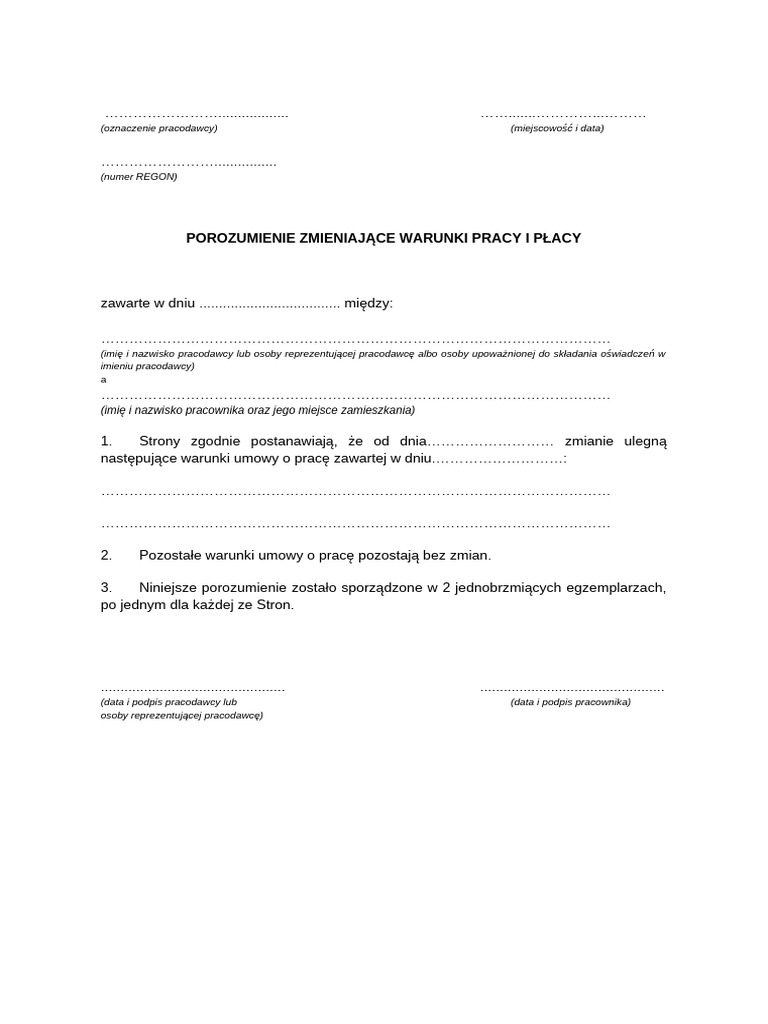 Porozumienie Zmieniające Warunki Pracy | PDF