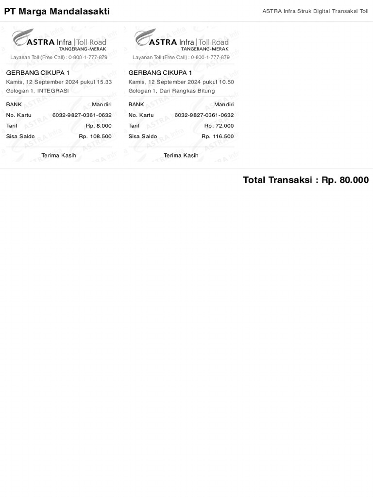 ASTRA Infra Struk Digital Transaksi Toll - 2024912182929 | PDF