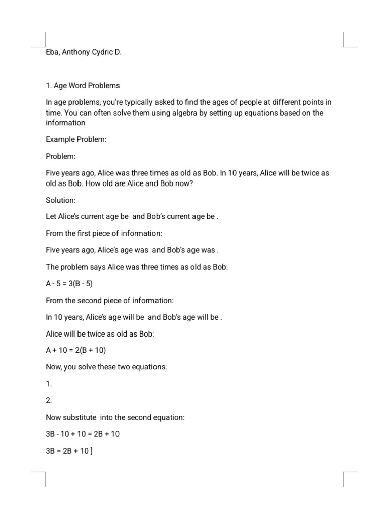 Solving: Age World Problem, Mixture Problem and Time Problem Problem, Distance Rate | PDF | Art ...