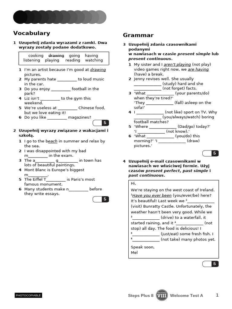 Steps Plus 8 Unit 1 Welcome Test | PDF | Language Arts & Discipline
