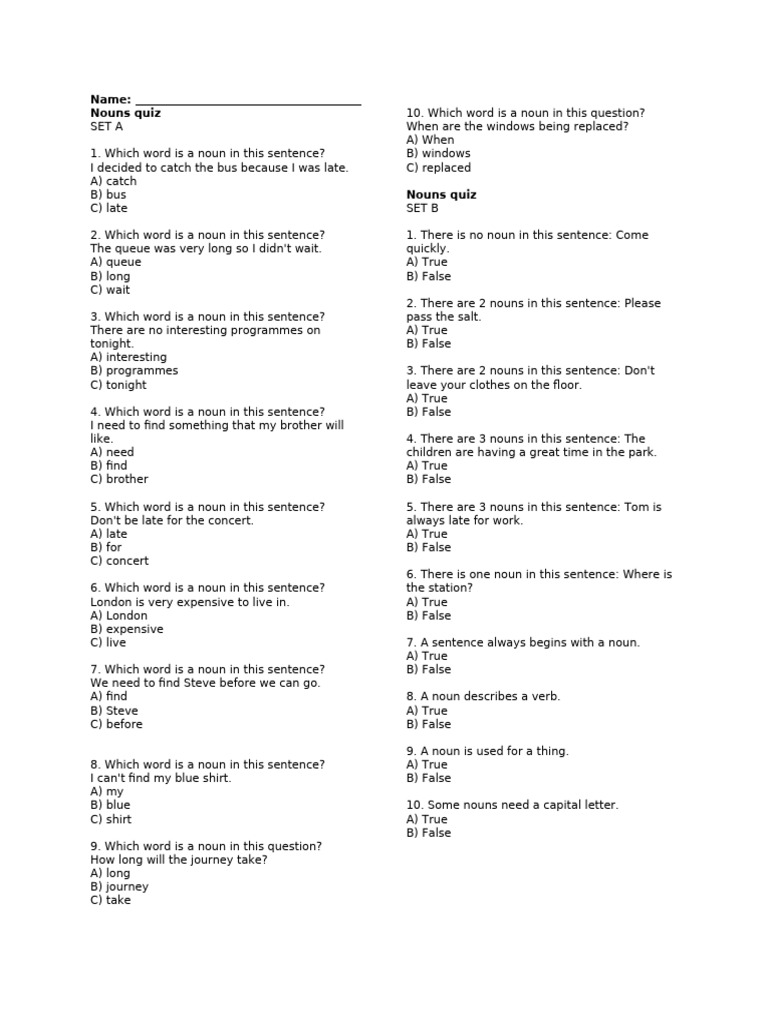 noun quiz | PDF | Verb | Object (Grammar)