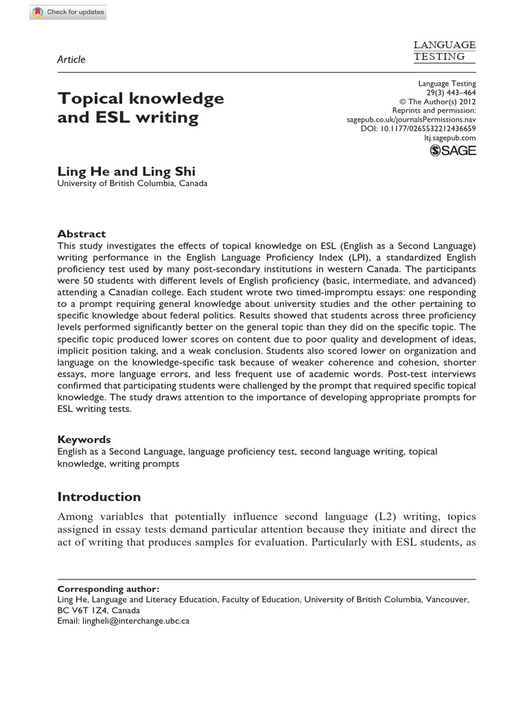 He Shi 2012 Topical Knowledge and Esl Writing | PDF | English As A ...