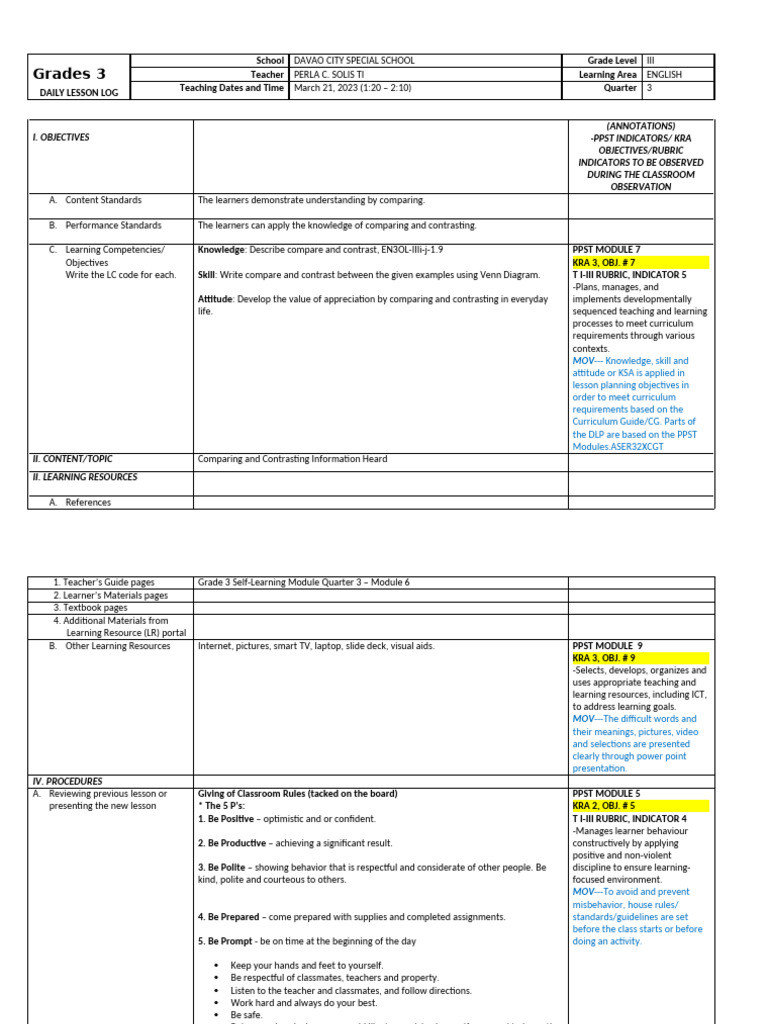 Cot DLP English 3 q3 Solis | PDF | Learning | Curriculum