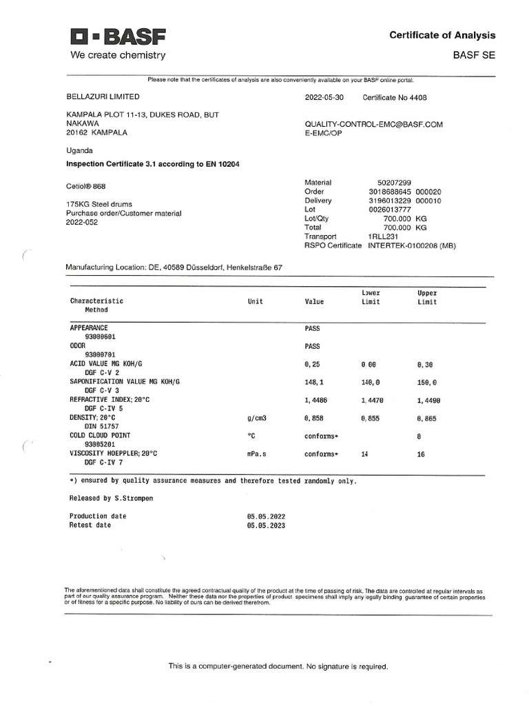 Cetiol 868 COA | PDF