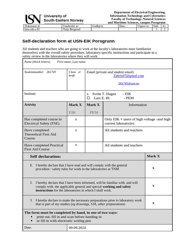 hmstf-s-01 Self Declaration Form Safety Course - Student - Autum 2024 | PDF