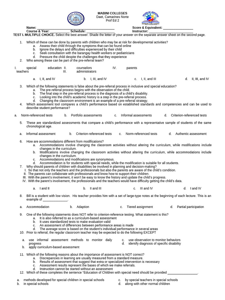 Prof-Ed-2-Long-Quiz-Answer Sheet | PDF | Educational Assessment | Individualized Education Program