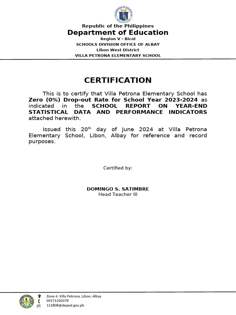 Villa Petrona Elementary Zero Drop-out Rate | PDF