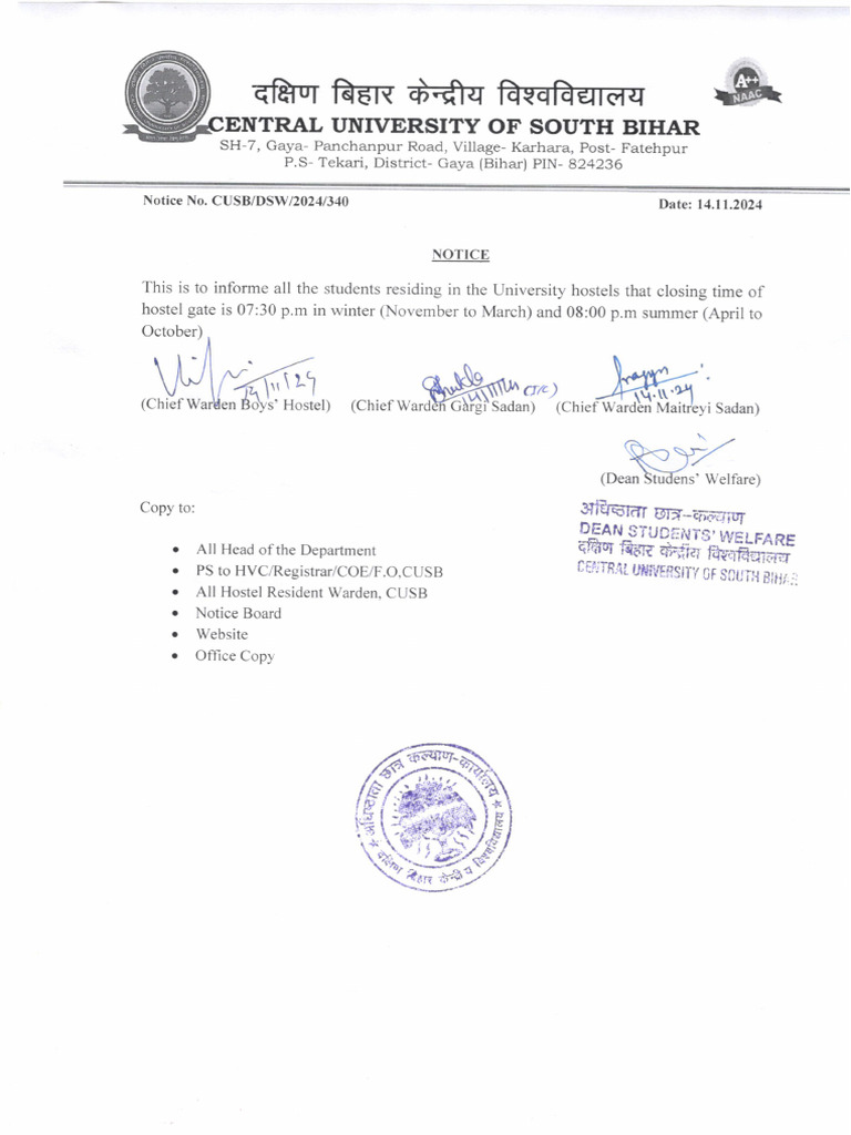 Notice For The Hostel Timing | PDF