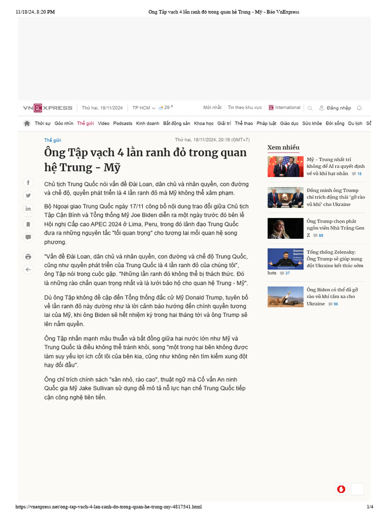 Ông Tập Vạch 4 Lằn Ranh Đỏ Trong Quan Hệ Trung - Mỹ - Báo VnExpress | PDF