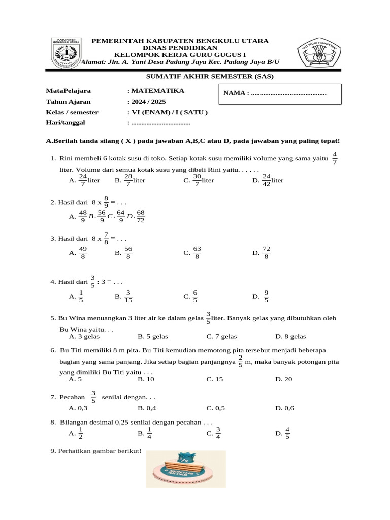 Soal MTK Sas 1 | PDF
