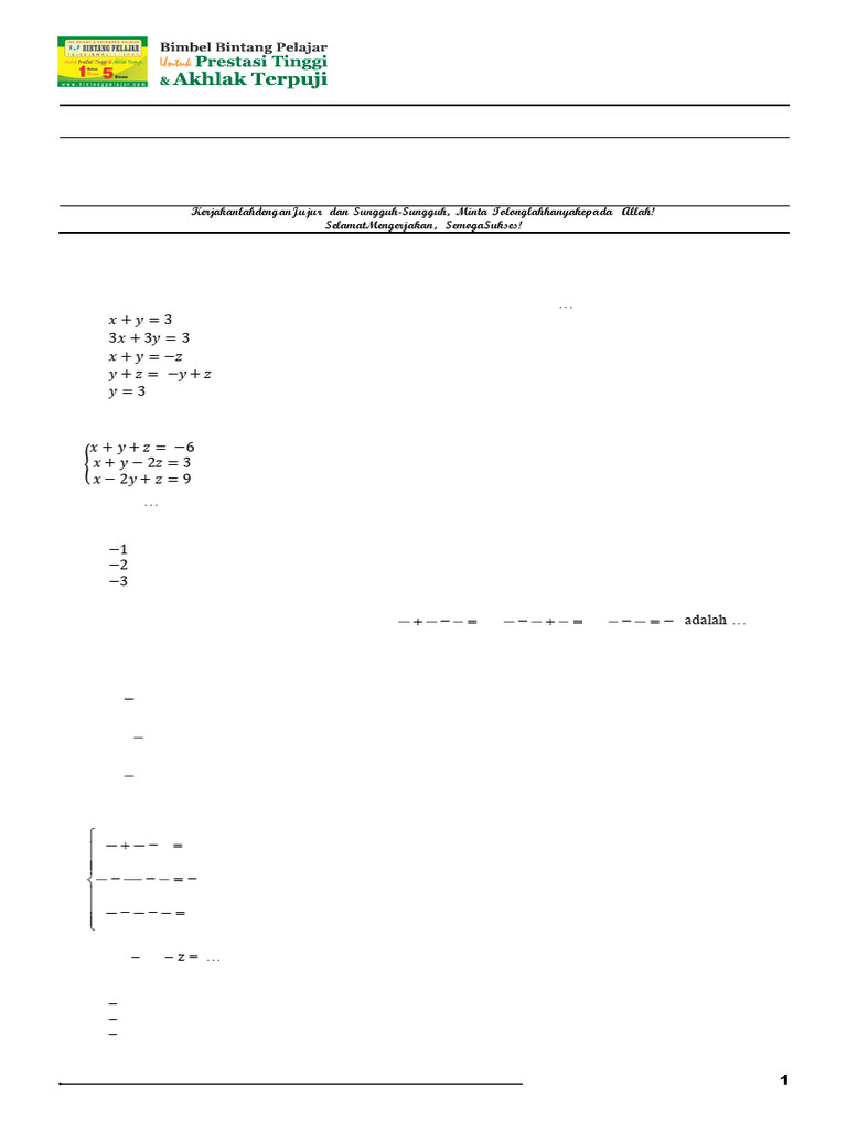 K13 - UC ASAS 1 - MTK Wajib 10 SMA (Sistem Persamaan Linear Tiga Variabel) (Layout) TA 24-25 | PDF