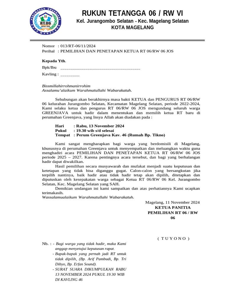 Surat Undangan Pemilihan RT | PDF