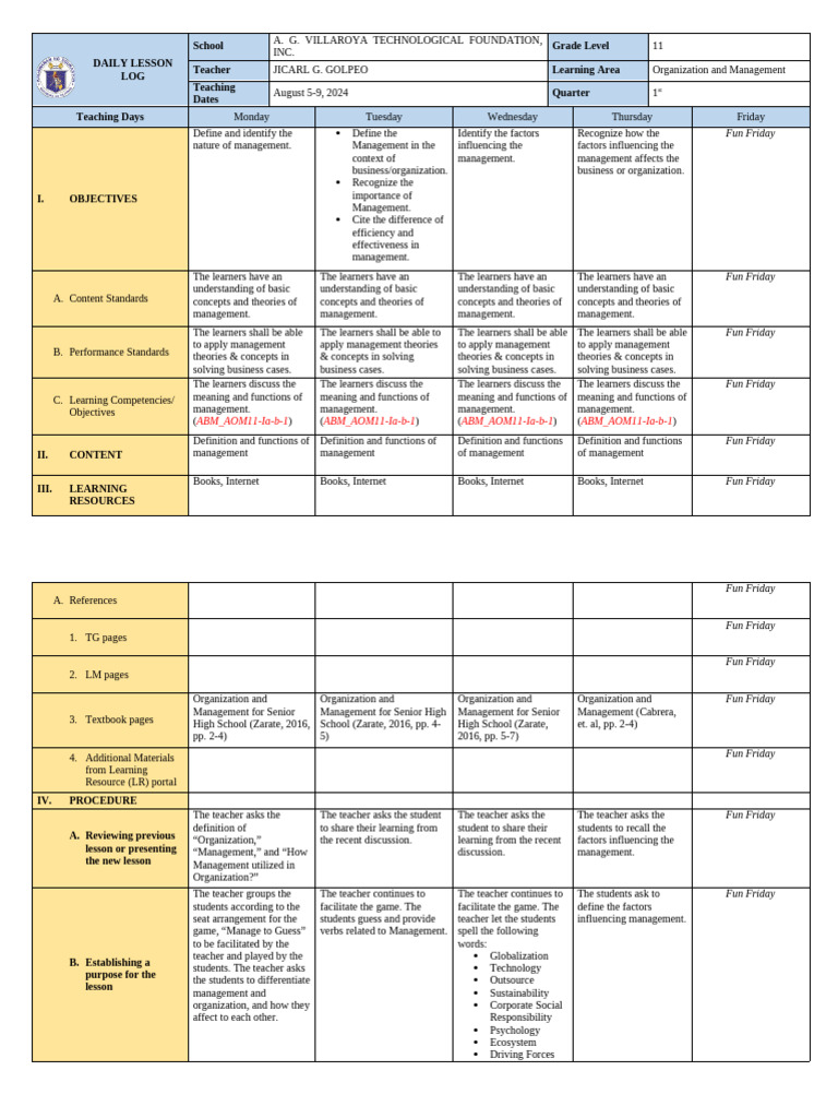 DLL Week 1 - Aug 2024 (Organization and Management) | PDF | Learning ...