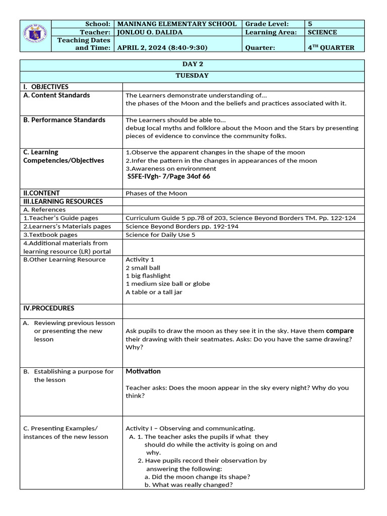 DLL - Science 5 Cot Q4 | PDF | Moon | Differentiated Instruction