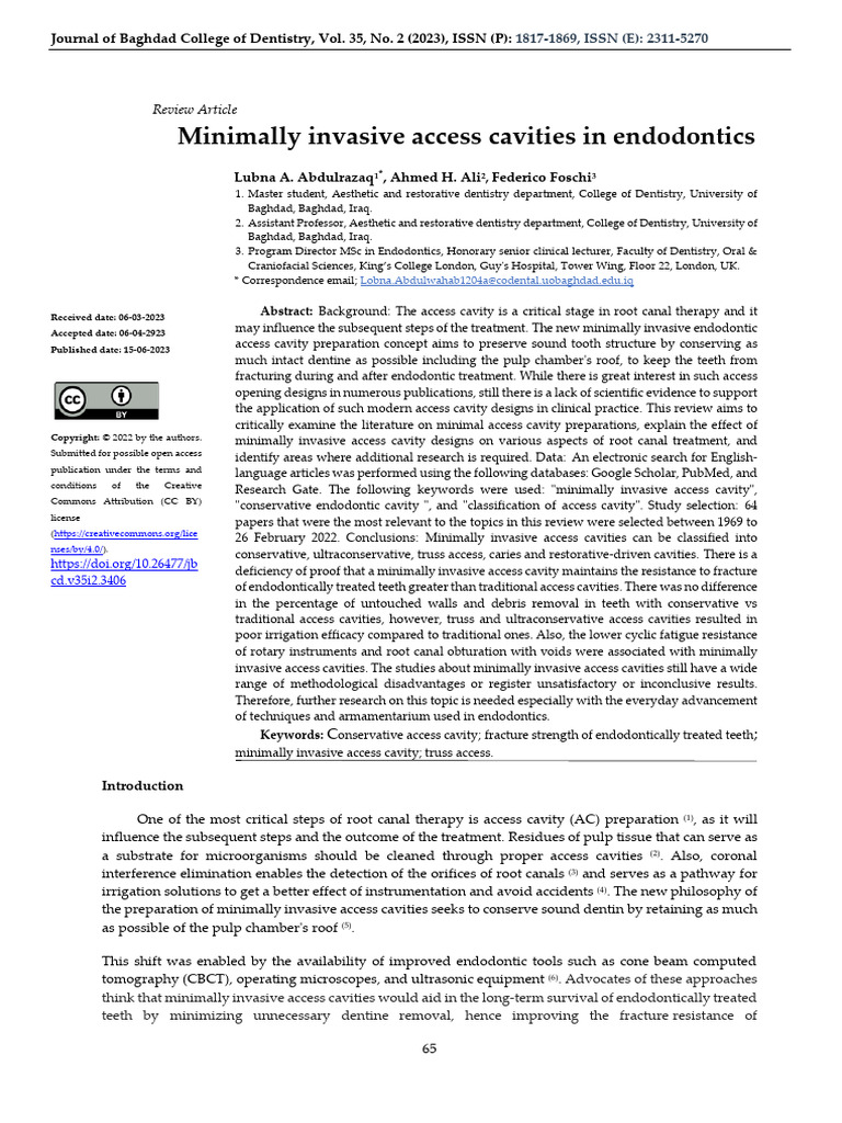 Minimally Invasive Access Cavities in Endodontics | PDF | Human Tooth ...