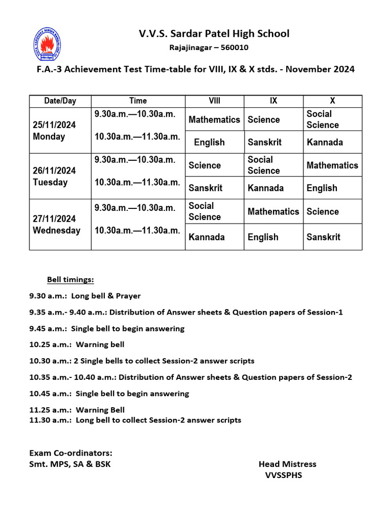 FA3 - Achivement Test Time Table | PDF | Social Science