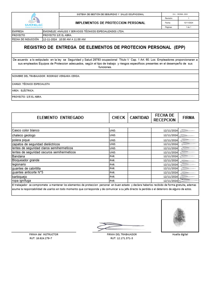 Entrega de EPP en Proyecto El Abra | PDF