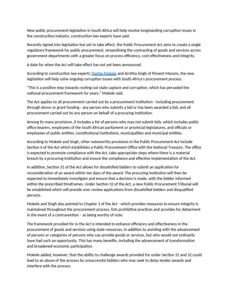 New Public Procurement Legislation in South Africa Will Help Resolve ...