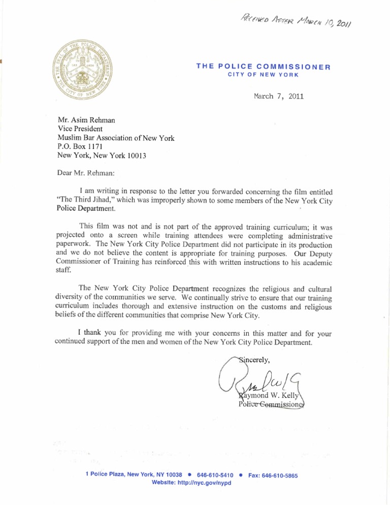 NYPD Letter 7 March 2011 (Received After March 10, 2011) | PDF