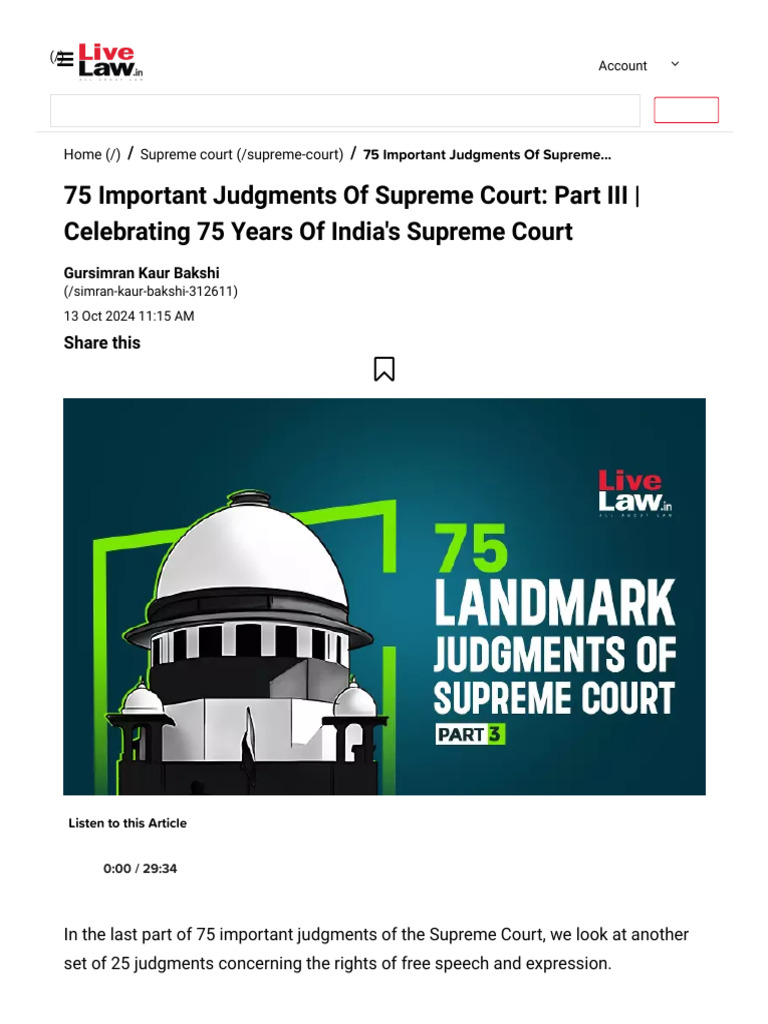 75 Landmark Supreme Court Judgments | PDF | Obscenity | Freedom Of Speech