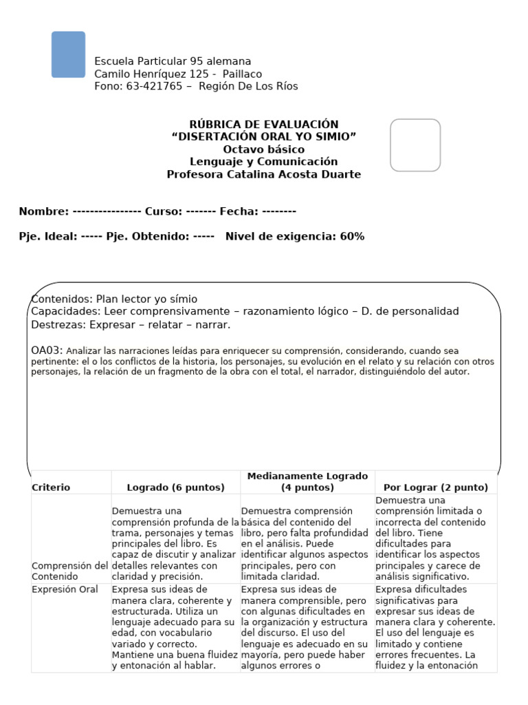 Rubrica Plan Lector Yo Simio | PDF